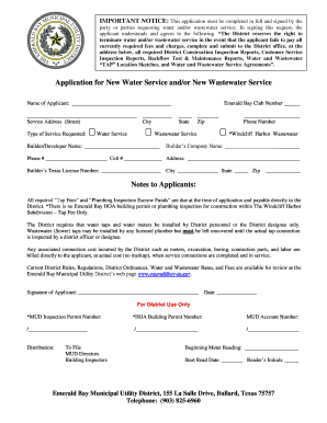 Fillable Online Application for New Water Service andor New Wastewater ...