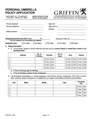 Fillable Online PERSONAL UMBRELLA APPLICATION - Griffin Underwriting ...