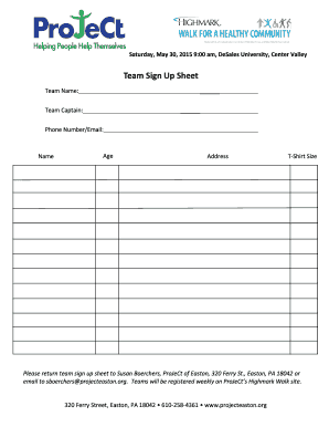 Fillable Online projecteaston Team Sign Up Sheet - ProJeCt of Easton ...