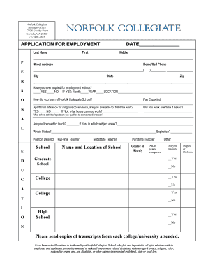 Fillable Online norfolkcollegiate An Application for Employment - Norfolk Collegiate School Fax ...
