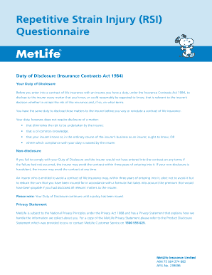 Fillable Online Repetitive Strain Injury RSI Questionnaire - MetLife ...