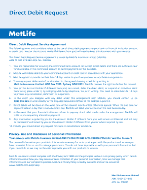 Fillable Online Direct Debit Request - MetLife Australia Fax Email ...