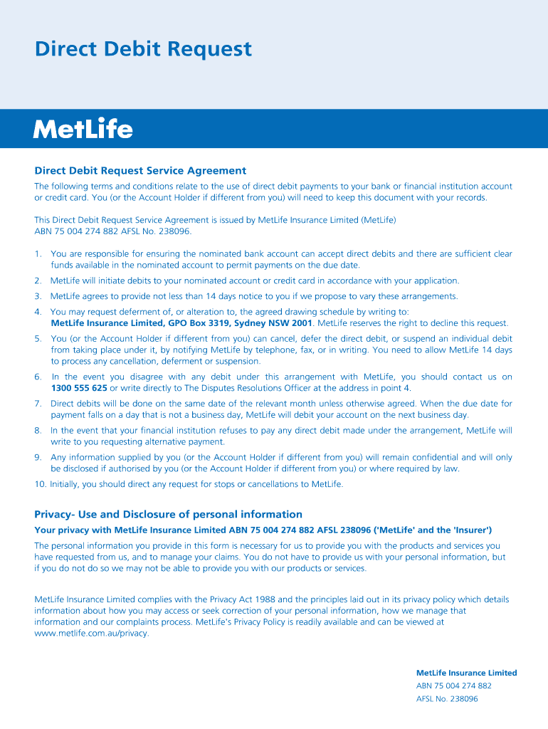 Fillable Online Direct Debit Request - MetLife Australia Fax Email ...