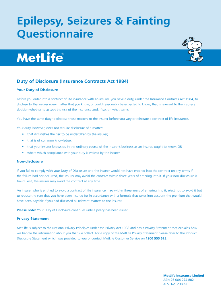 Fillable Online Epilepsy Seizures amp Fainting Questionnaire Fax Email Print - pdfFiller
