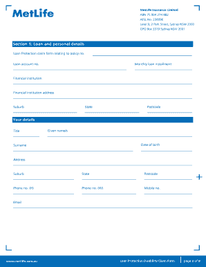 Fillable Online Loan Protection Disability Claim Form - MetLife ...