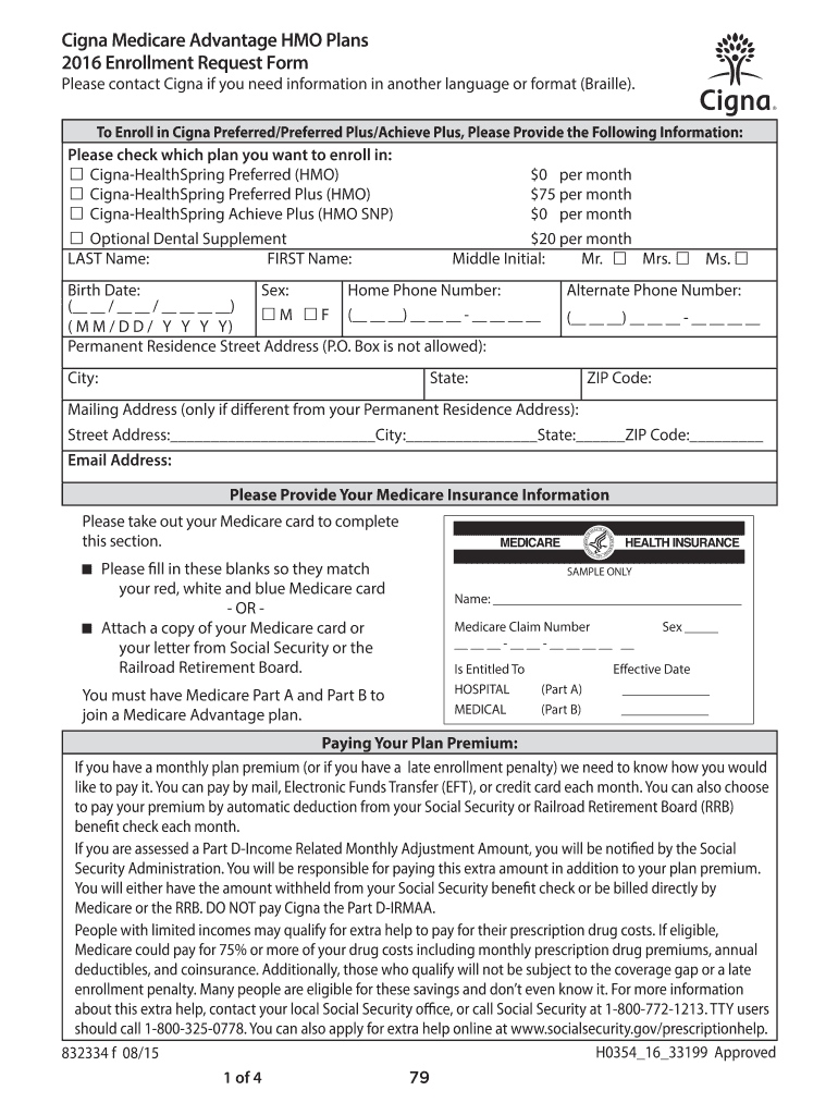 Fillable Online Cigna Medicare Advantage HMO Plans 2016 Enrollment ...