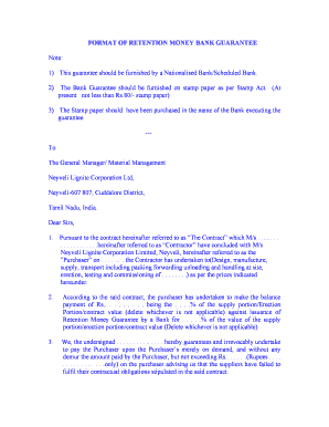 Fillable Online FORMAT OF RETENTION MONEY BANK GUARANTEE Fax Email ...