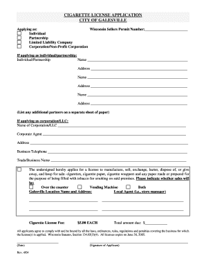 Fillable Online CIGARETTE LICENSE APPLICATION - cityofgalesvillecom Fax ...