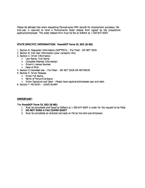 Fillable Online STATE SPECIFIC INFORMATION PennDOT Form DL 503 (808 ...