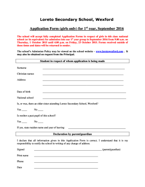 Fillable Online Loreto Secondary School Wexford Application stForm ...