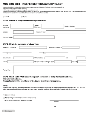 Fillable Online biology mcmaster MOL BIOL 3I03 - INDEPENDENT RESEARCH PROJECT Fax Email Print ...