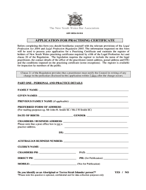 Fillable Online archive nswbar asn ABN 18526 414 014 APPLICATION FOR PRACTISING CERTIFICATE ...