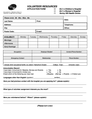 Fillable Online bcwomens APPLICATION FORM BCs Childrens Hospital ...