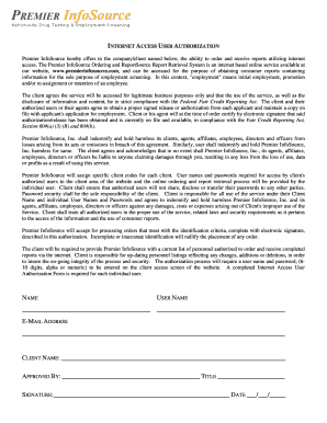 Fillable Online INTERNET ACCESS USER AUTHORIZATION - Premier InfoSource ...