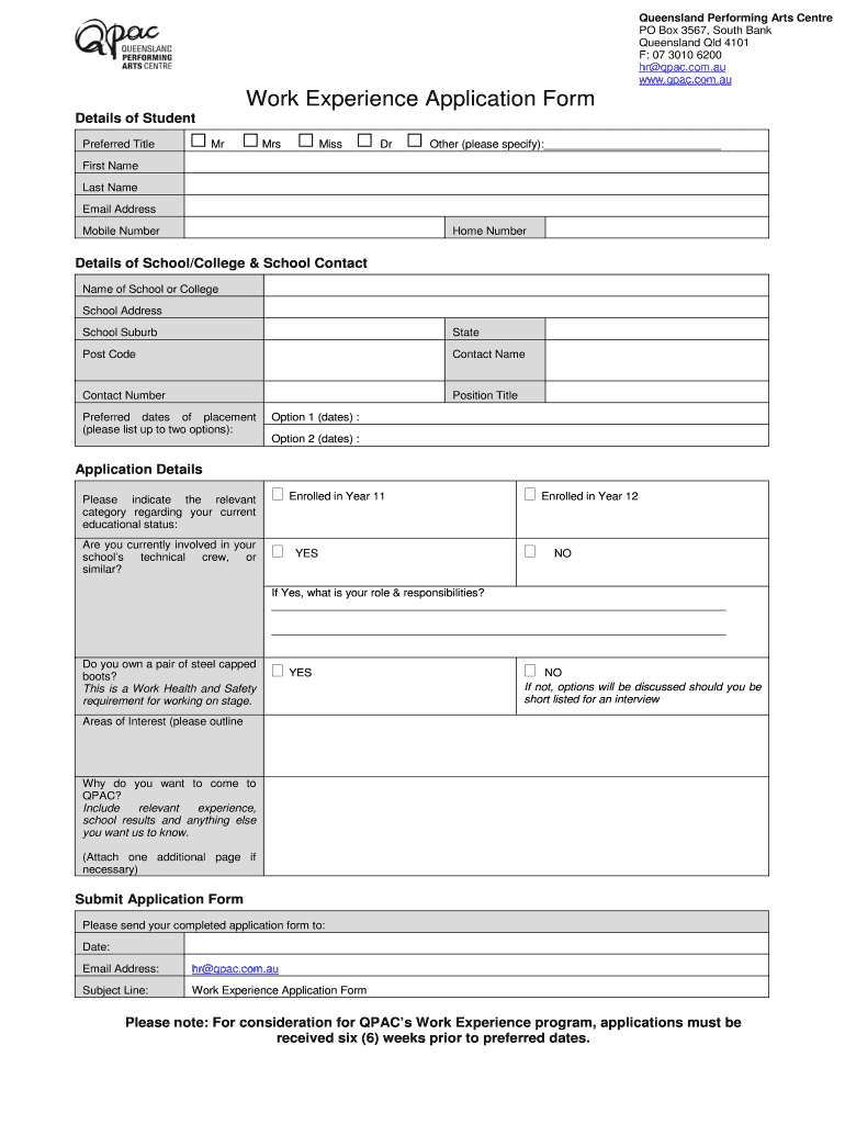 Fillable Online Wwwqpaccomau Work Experience Application Form Fax Email ...