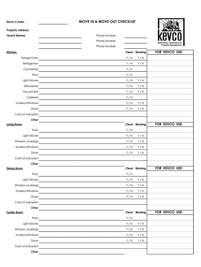 Fillable Online MOVE IN & MOVE OUT CHECKLIST Fax Email Print - pdfFiller