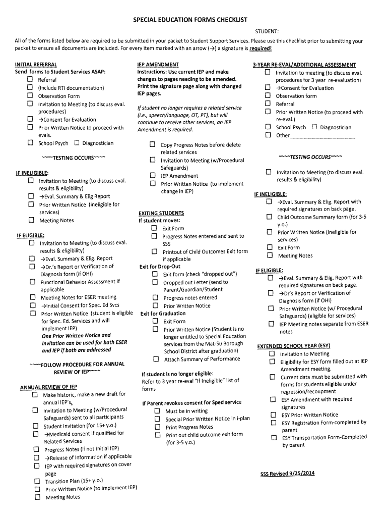 Fillable Online SPECIAL EDUCATION FORMS CHECKLIST Fax Email Print ...