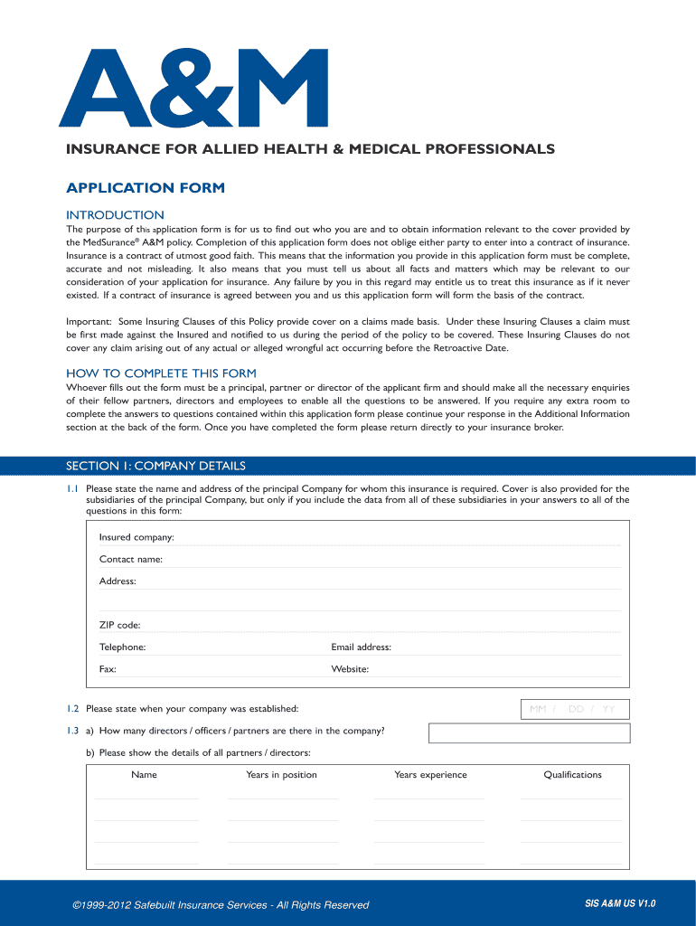 Fillable Online AampM Application US v11 Layout 1 - SIS Insurance ...