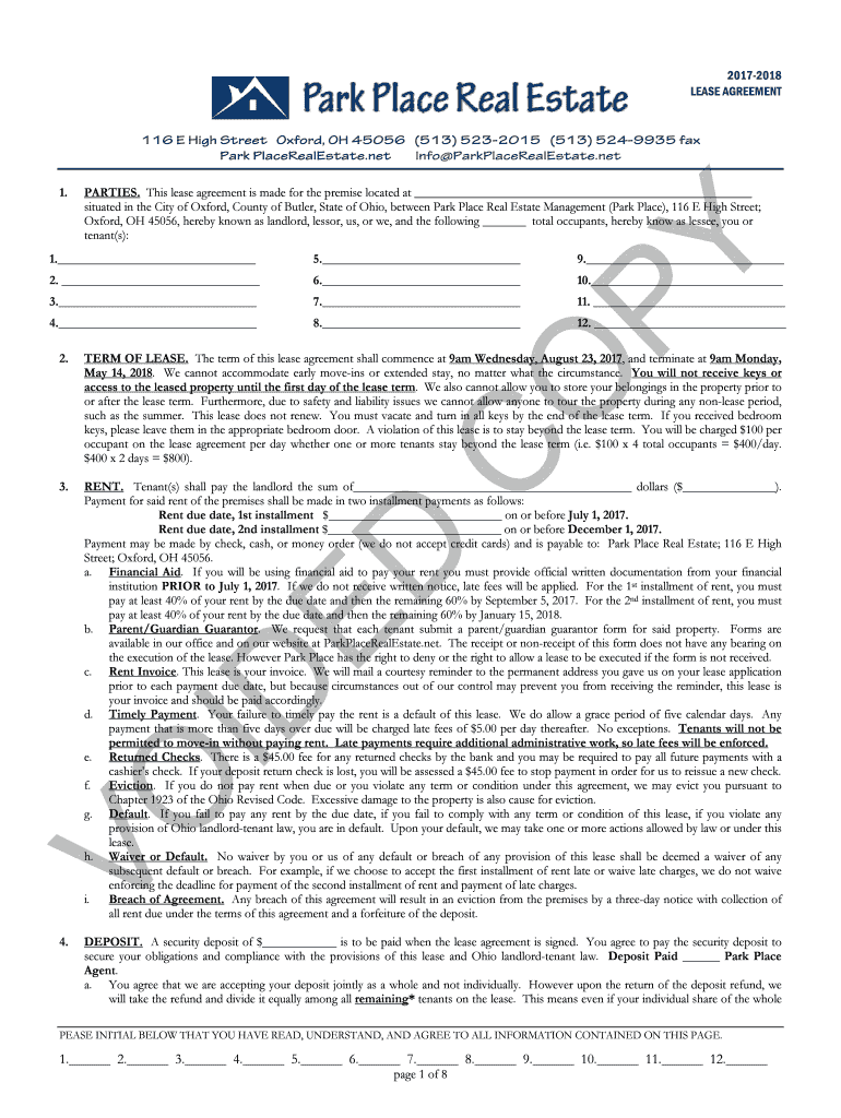 Fillable Online parkplacerealestate 2017-2018 Lease Agreement ...