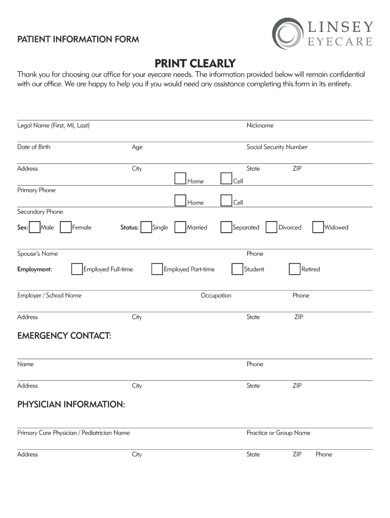 Fillable Online PRINT CLEARLY - Linsey Eyecare Fax Email Print - pdfFiller