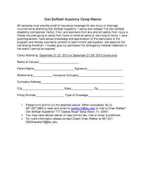 Fillable Online Camp Waiver Form - College Softball Camps Fax Email ...