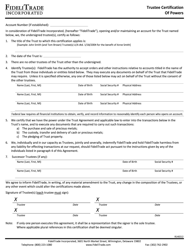 Fillable Online NonCom Trustee Certification of Powers 140212 - FTI Fax Email Print - pdfFiller