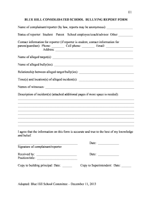 Fillable Online schoolunion93 BLUE HILL CONSOLIDATED SCHOOL BULLYING ...