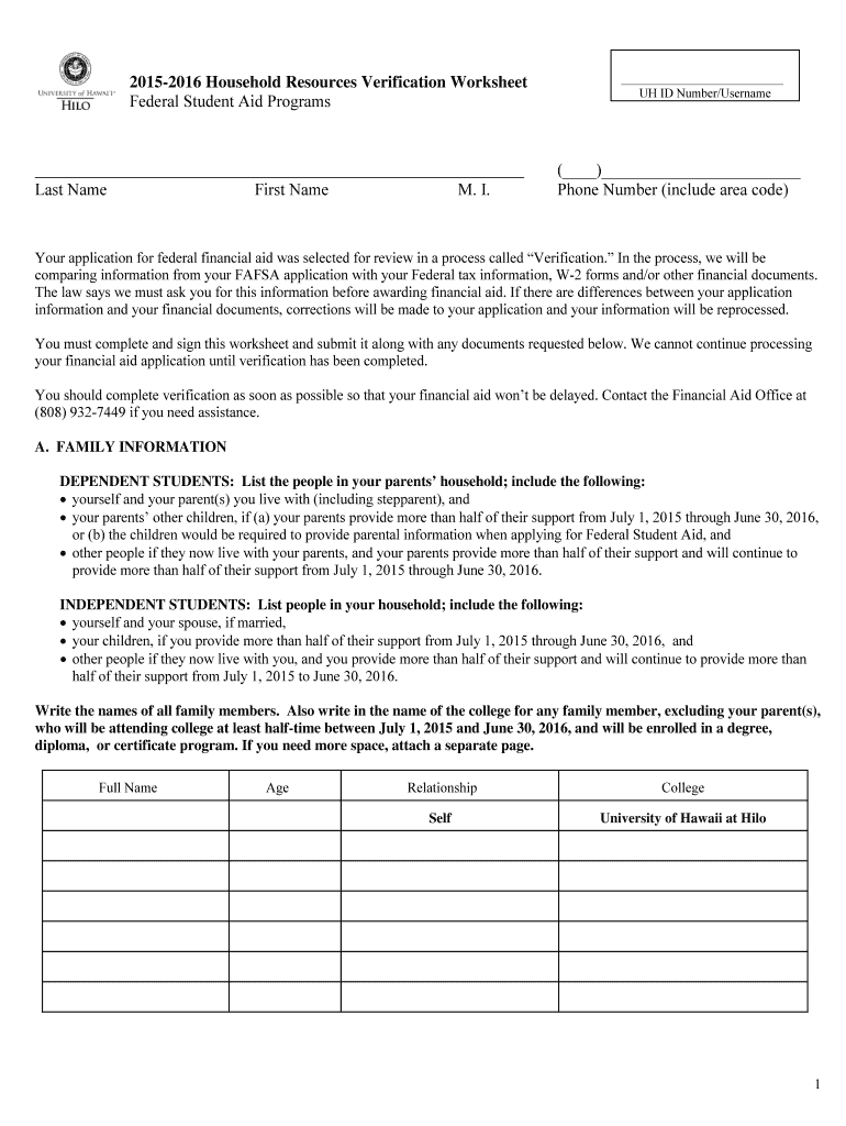 Fillable Online hilo hawaii Household Resources Verification Worksheet ...