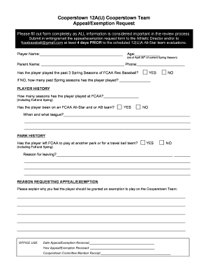 Fillable Online 12U WaiverExemption Cooperstown Form - Sport Ngin Fax ...