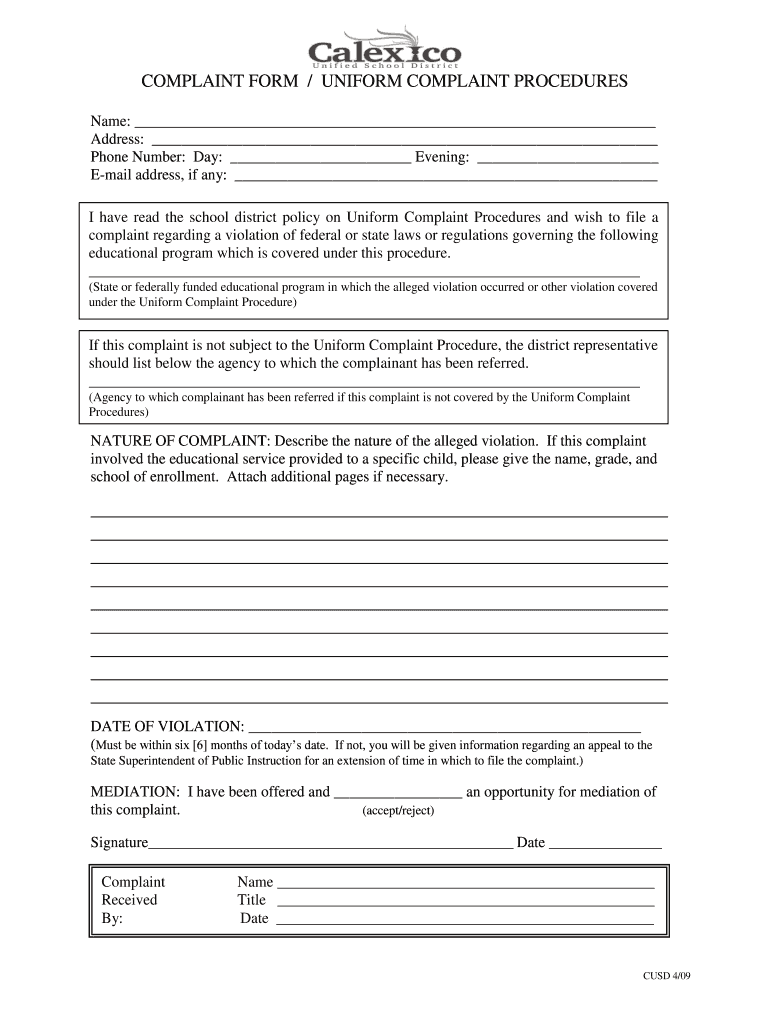 Fillable Online cusdk12 COMPLAINT FORM UNIFORM COMPLAINT PROCEDURES Fax ...