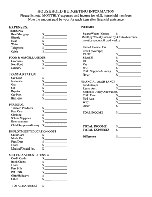 Fillable Online HOUSEHOLD BUDGETING INFORMATION Fax Email Print - pdfFiller