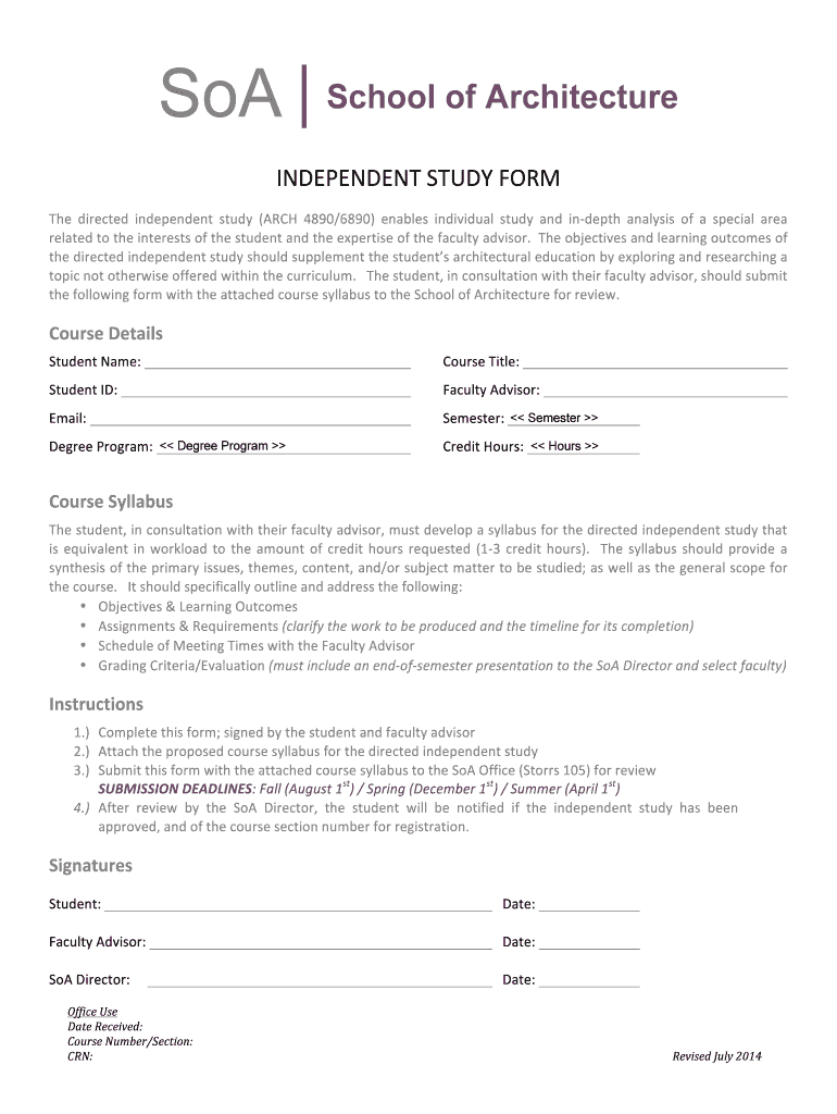 Fillable Online coaa uncc SoA Independent Study Form - Architecture Fax ...