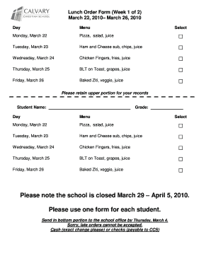 Fillable Online Lunch Order Form Week 1 of 2 Fax Email Print - pdfFiller