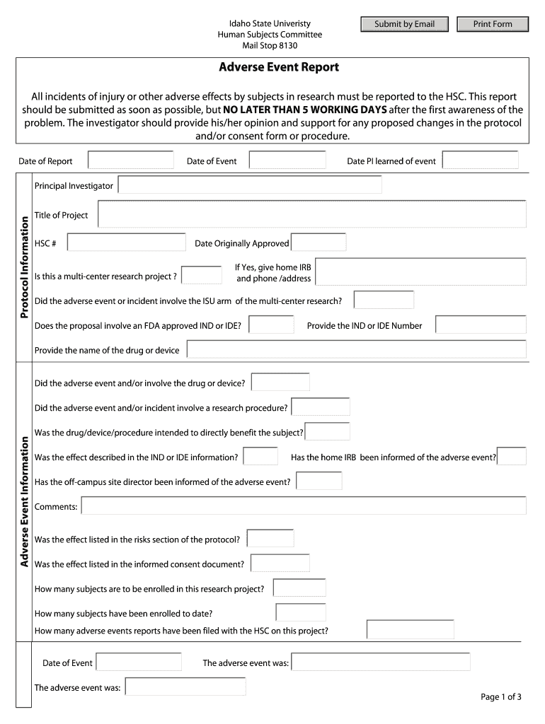 Fillable Online isuresearch Adverse Event Report - isuresearchorg Fax ...
