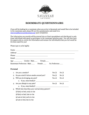 Fillable Online savannahlawschool Roommate Questionnaire - Savannah Law ...