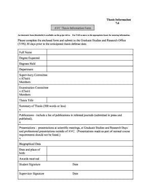 Fillable Online Thesis Information 76 AVC Thesis Information Form Fax Email Print - pdfFiller