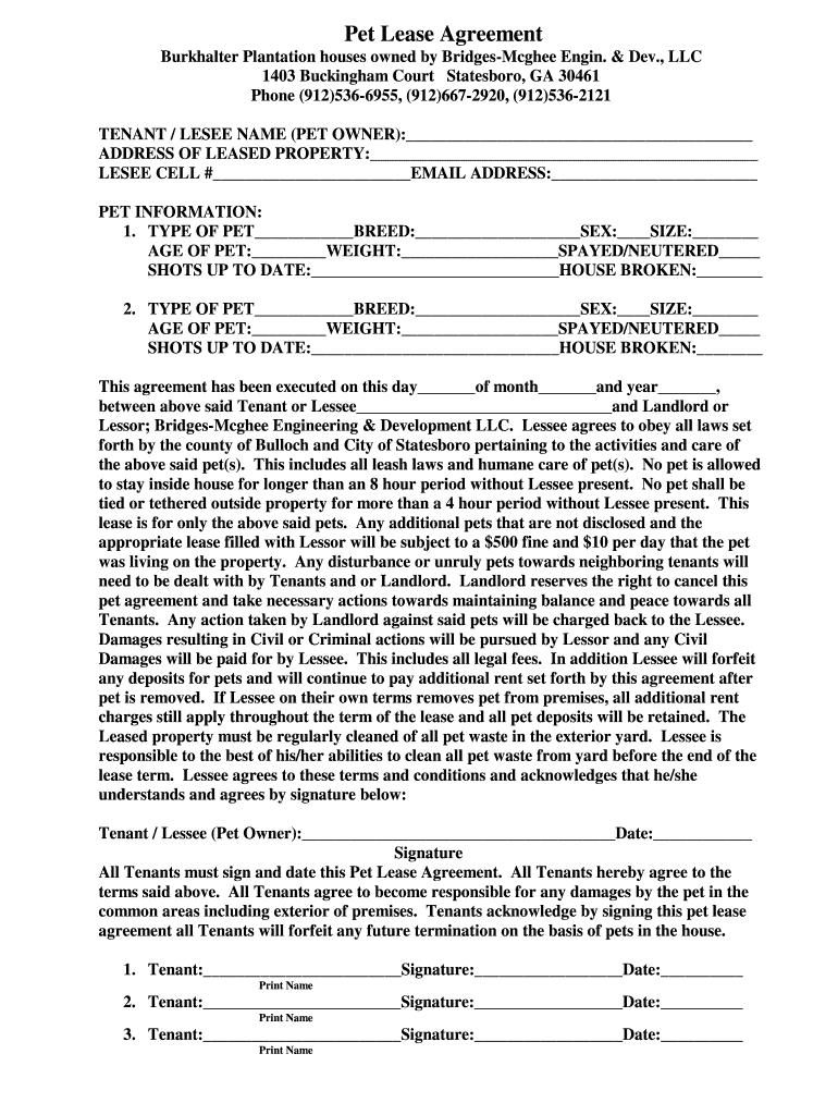 Fillable Online Pet Lease AgreementPDF Fax Email Print - pdfFiller