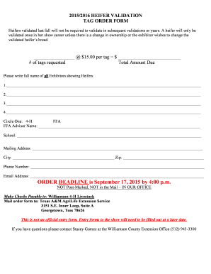 Fillable Online 20152016 HEIFER VALIDATION TAG ORDER FORM Fax Email ...