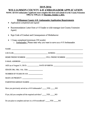 Fillable Online 2015 2016 WILLIAMSON COUNTY 4 H AMBASSADOR APPLICATION Fax Email Print - pdfFiller