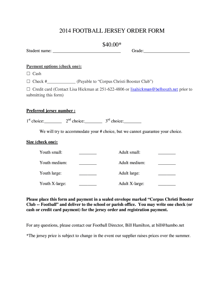 Fillable Online 2014 FOOTBALL JERSEY ORDER FORM 4000 Fax Email Print ...