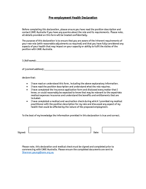 Fillable Online Pre-employment Health Declaration - CARE Australia Fax ...