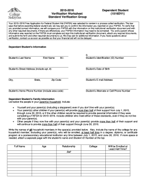 Fillable Online siskiyous 20152016 Verification Worksheet Standard Verification Group Dependent ...
