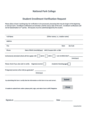 Fillable Online NPCC Student Enrollment Verification Request Enrollment Verification Fax Email ...