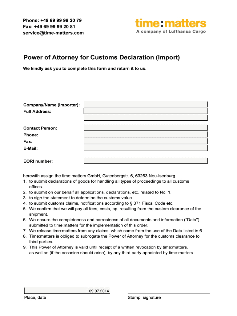 Fillable Online Power of Attorney for Customs Declaration Import Fax ...