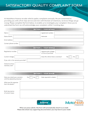 Fillable Online SATISFACTORY QUALITY COMPLAINT FORM initiatorsqd Fax ...