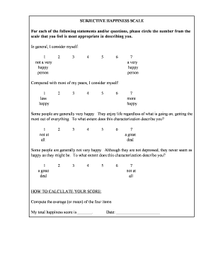 Fillable Online SUBJECTIVE HAPPINESS SCALE For each of the following ...