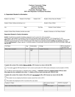 Fillable Online coahomacc 2014-2015 Dependent Verification Worksheet - coahomaccedu Fax Email ...