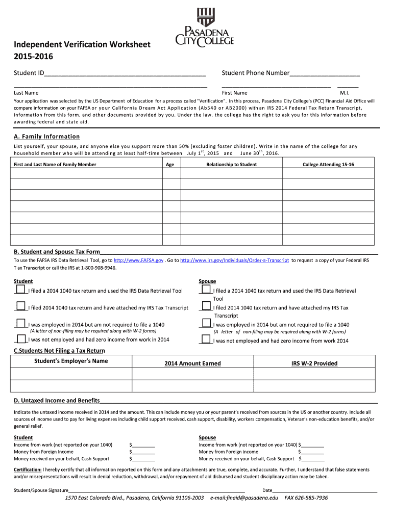 Fillable Online pasadena Independent Verification Worksheet 1516.docx Fax Email Print - pdfFiller