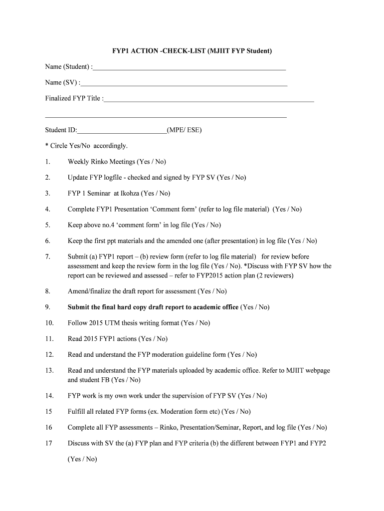 Fillable Online mjiit utm FYP1 ACTION -CHECK-LIST MJIIT FYP Student Fax ...