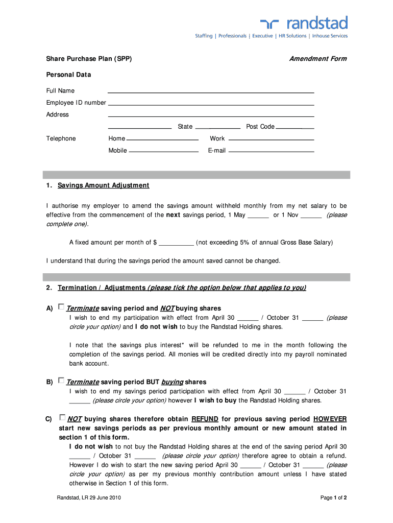 Fillable Online Share Purchase Plan SPP Amendment Form Fax Email Print ...